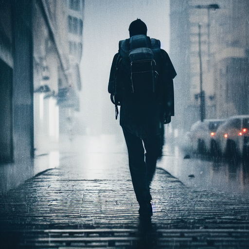 A Men With A Backpack Standing In The Rain On The Street With A A Men With A Backpack Standing In The Rain On The Street With A
